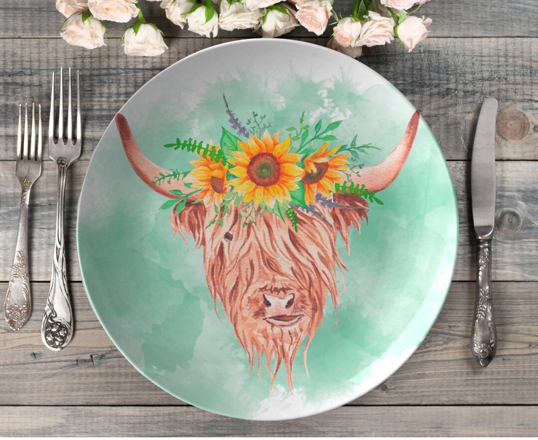 Country Farm Cow Dinner Plate, Floral Sunflower Highland Bull Plate ...