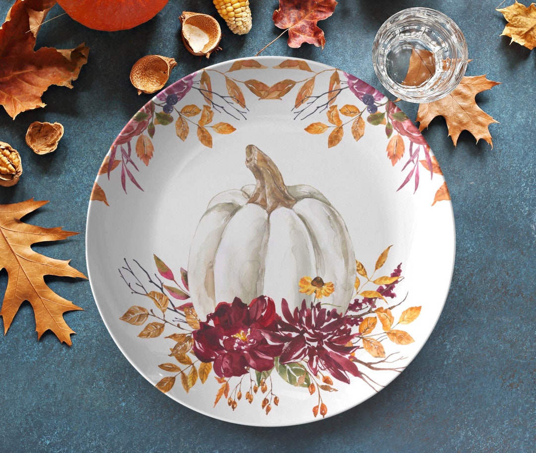 Fall Floral Pumpkin Plate | Thanksgiving Plates | White Pumpkin Plate ...