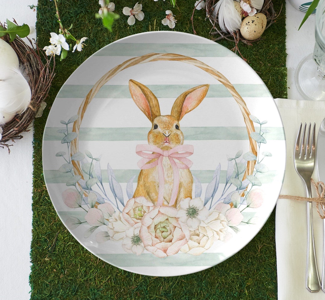 Easter Bunny Dinner Plate, Floral Spring Bunny Plate, Blue Pastel Bunny ...