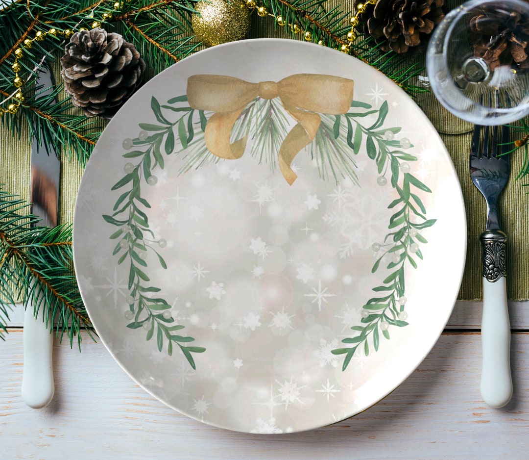 Christmas Plate Set, Christmas Dinner Plates, Christmas Wreath Plate ...