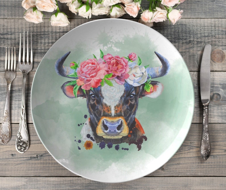 Farmhouse Cow Print Plate Floral Cow Dinner Plate Farm Cow - Etsy