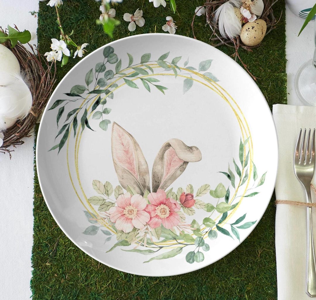 Easter Bunny Dinner Plate, Spring Bunny Ears Plate, Gold & Green Floral ...
