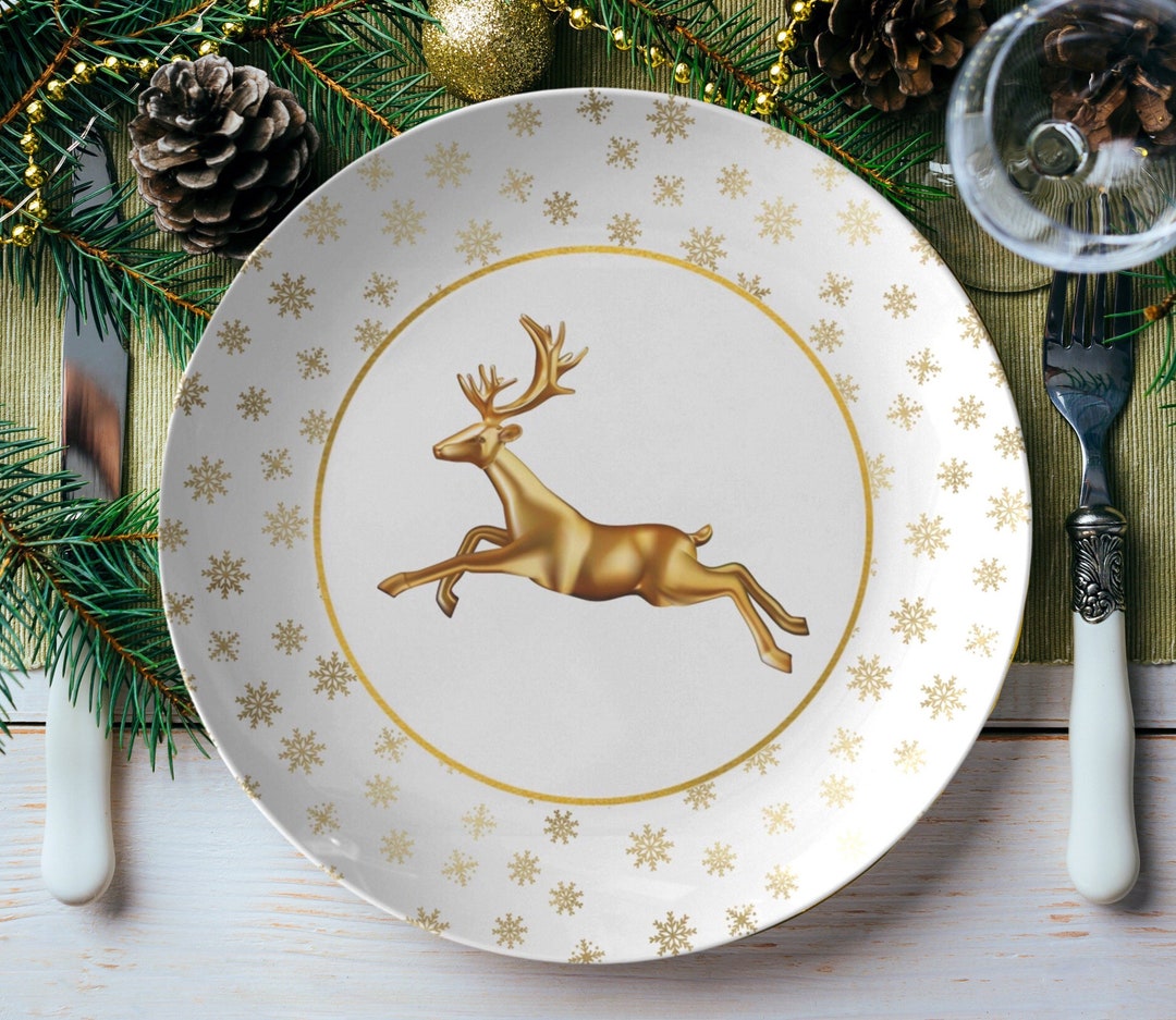 Christmas Dinner Plate Set, Reindeer Dinner Plate, Gold Christmas Plate ...