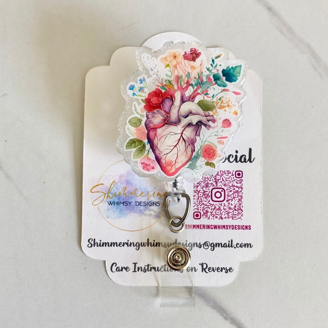 Floral Anatomical Heart Badge Reel for Identifications, Permanent ...