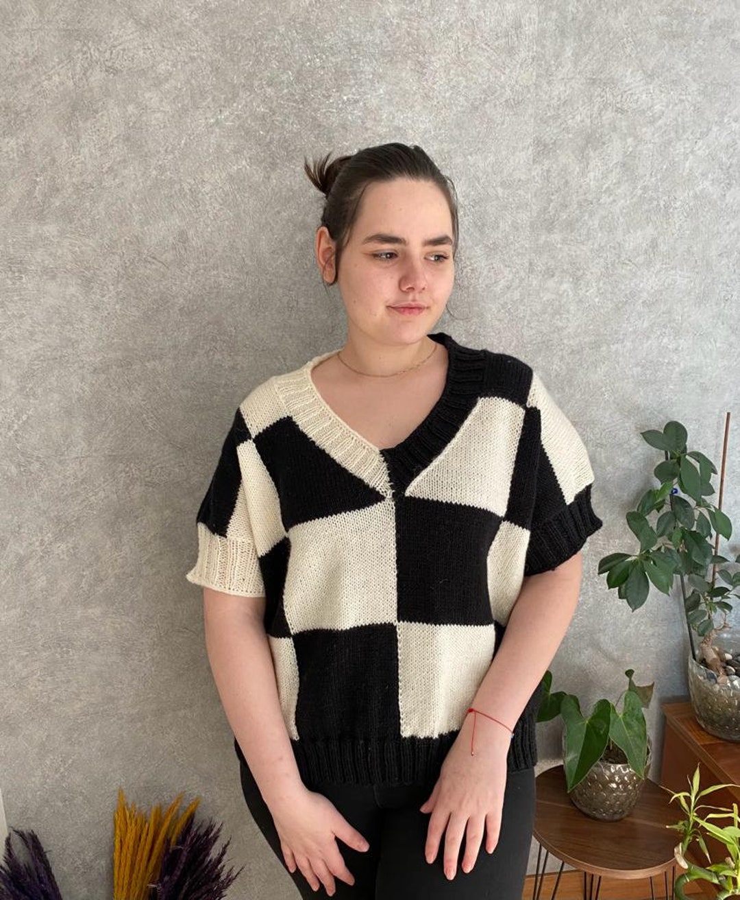 Hand Knitted Wednesday Addams Sweater, Oversized Pullover Vest, Plaid ...