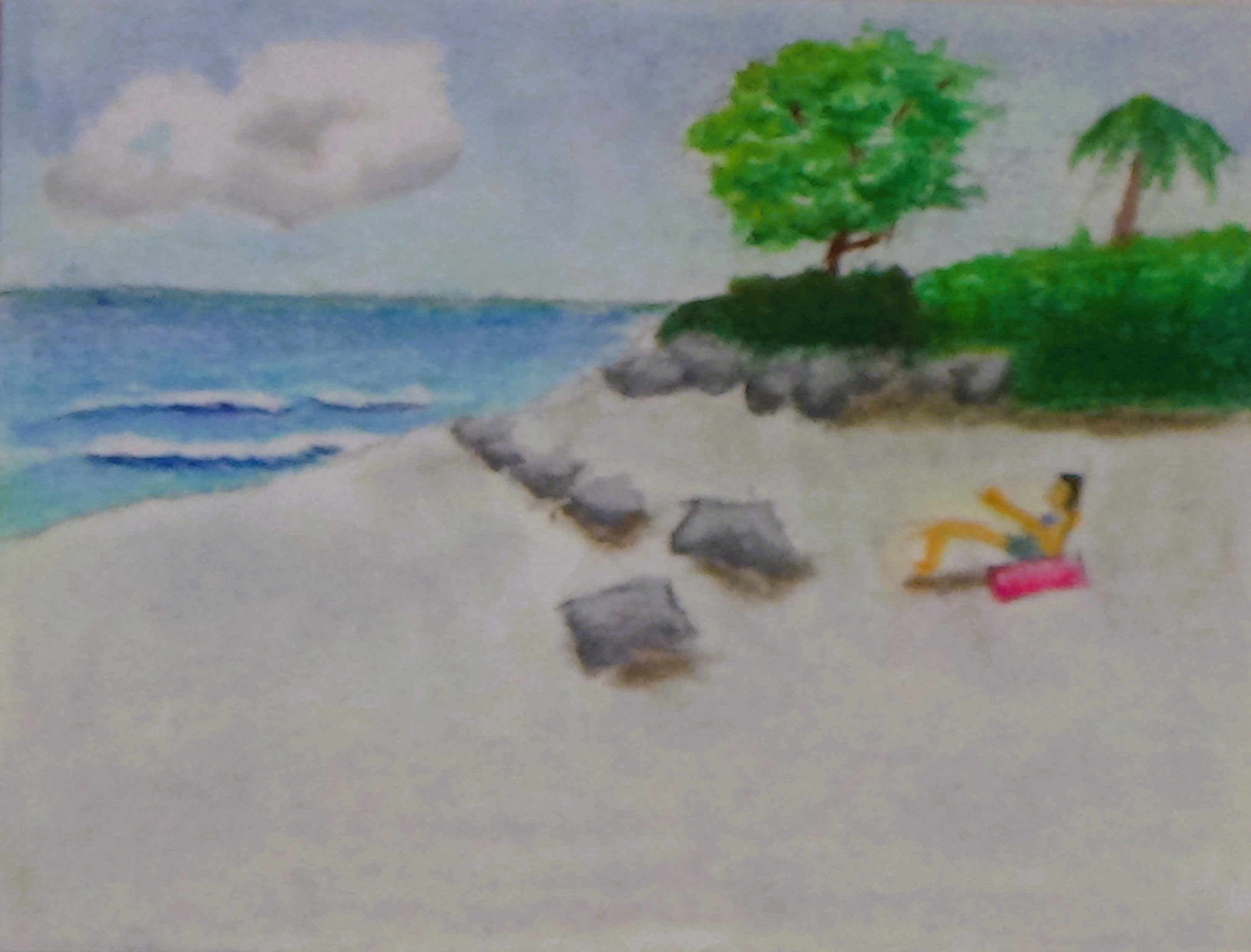 Lady Sunning on the Beach Scene Pastel People in the Sun Florida Room ...