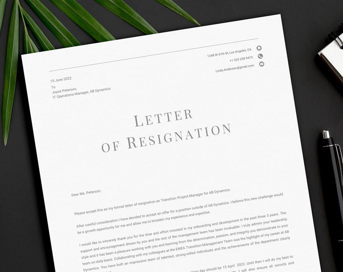 Resignation Letter Template Sample Letter & Writing Tips - Etsy