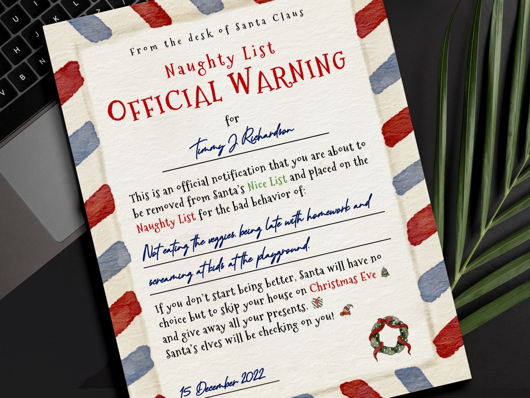 Santa Naughty List Warning | Naughty List Certificate Printable ...