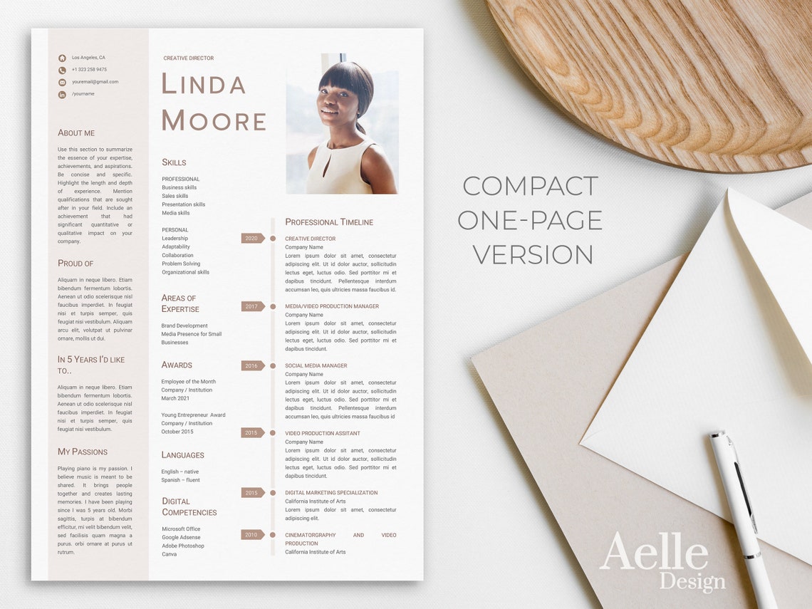 Modern One Page Resume Template Word and Mac Pages Resume With Photo ...