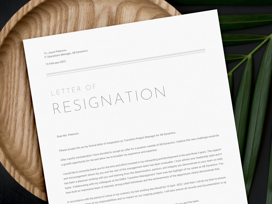 Professional Resignation Letter Template + Sample Letter & Writing Tips ...