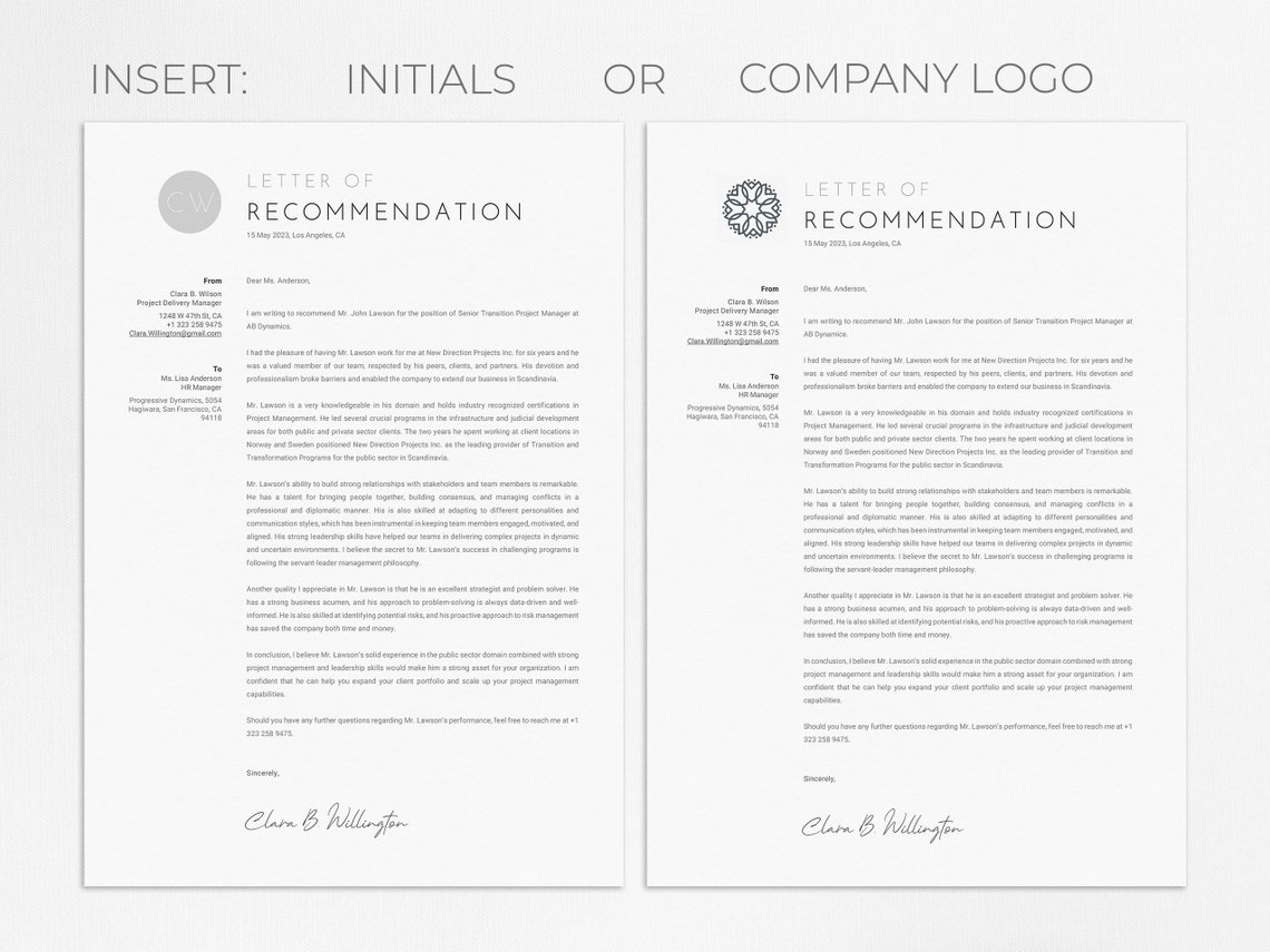Professional Letter of Recommendation Template | Reference Letter ...