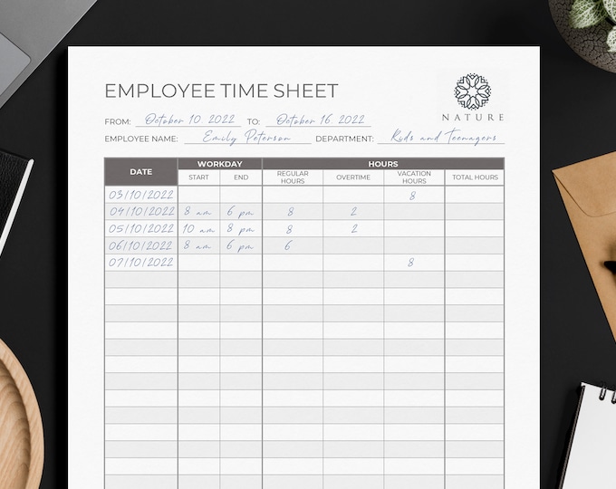 Monthly Employee Timesheet Fillable and Printable PDF Digital Download Files US Letter Size ...