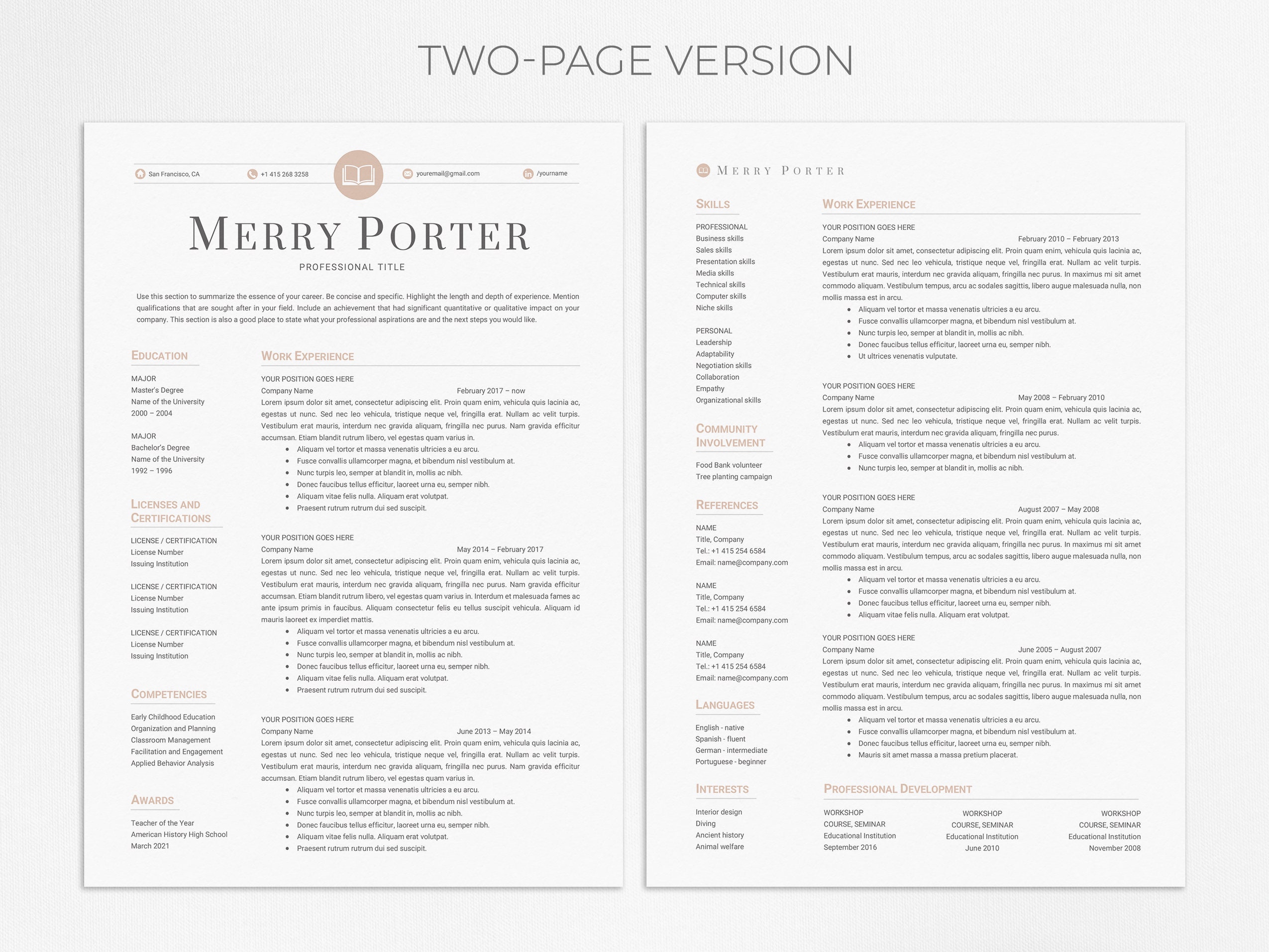 Teacher Resume Template | Pages and Word Resume Template | 1 Page ...