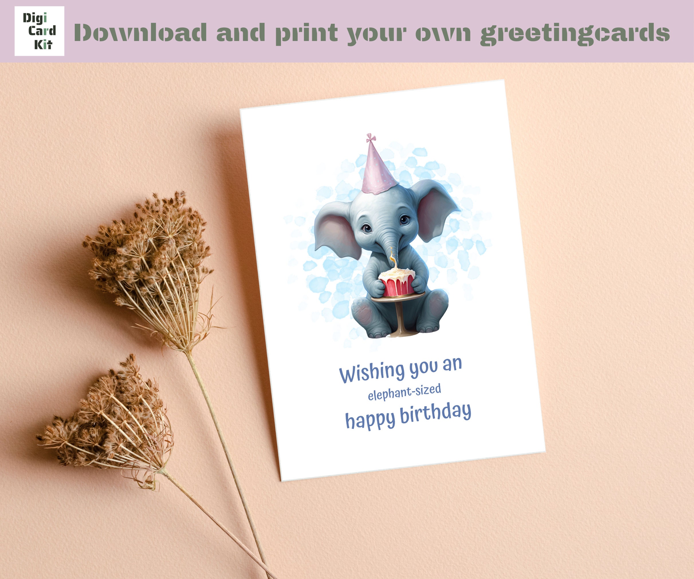Elephant Birthday Instant Download and Print a Cute Birthday Card ...