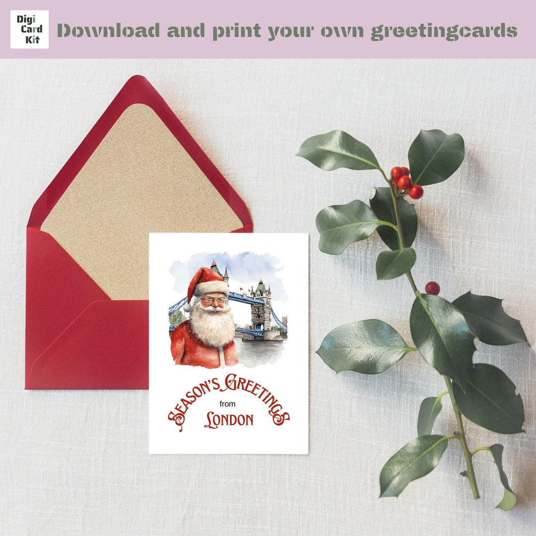 Printable Christmas Card Santa in London DIY PDF by Digicardkit - Etsy