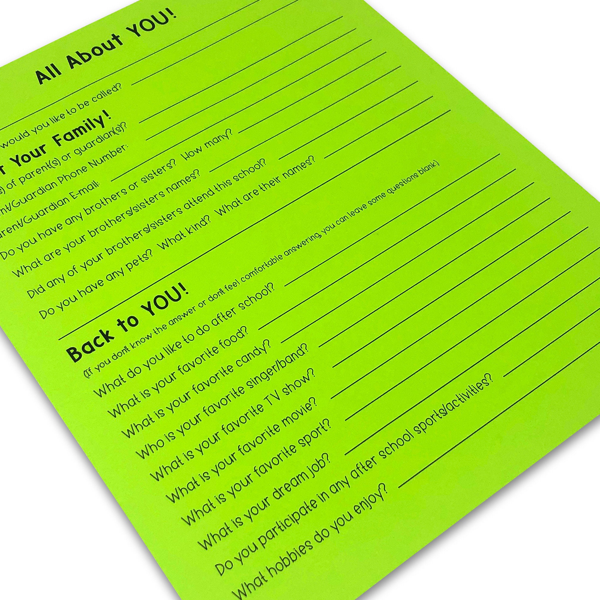 All About Me Questions for the First Day of School Student Survey for ...