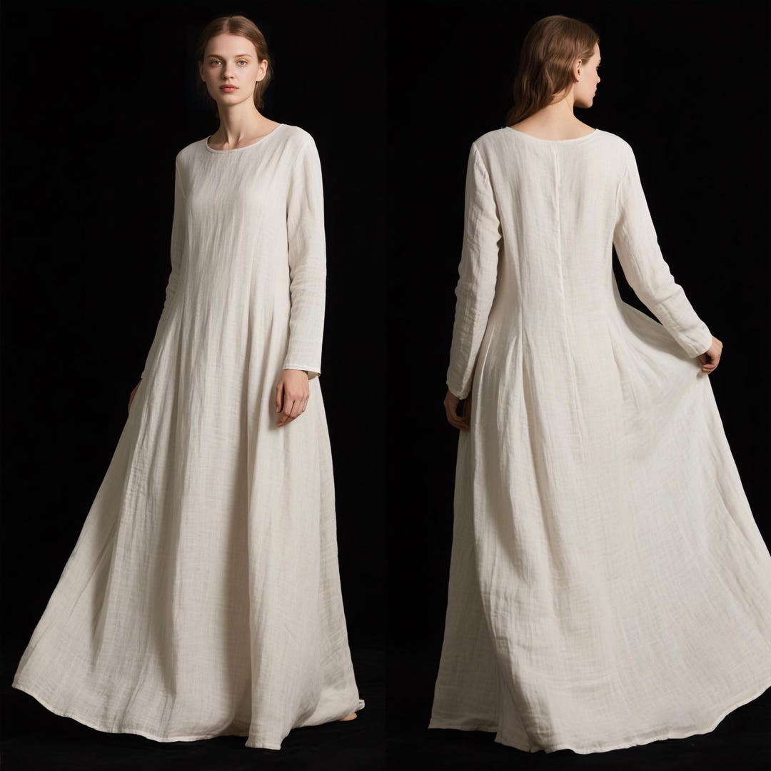 Linen Maxi Dress Minimalist A-line Linen Gown Long Sleeve Scoop Neck ...