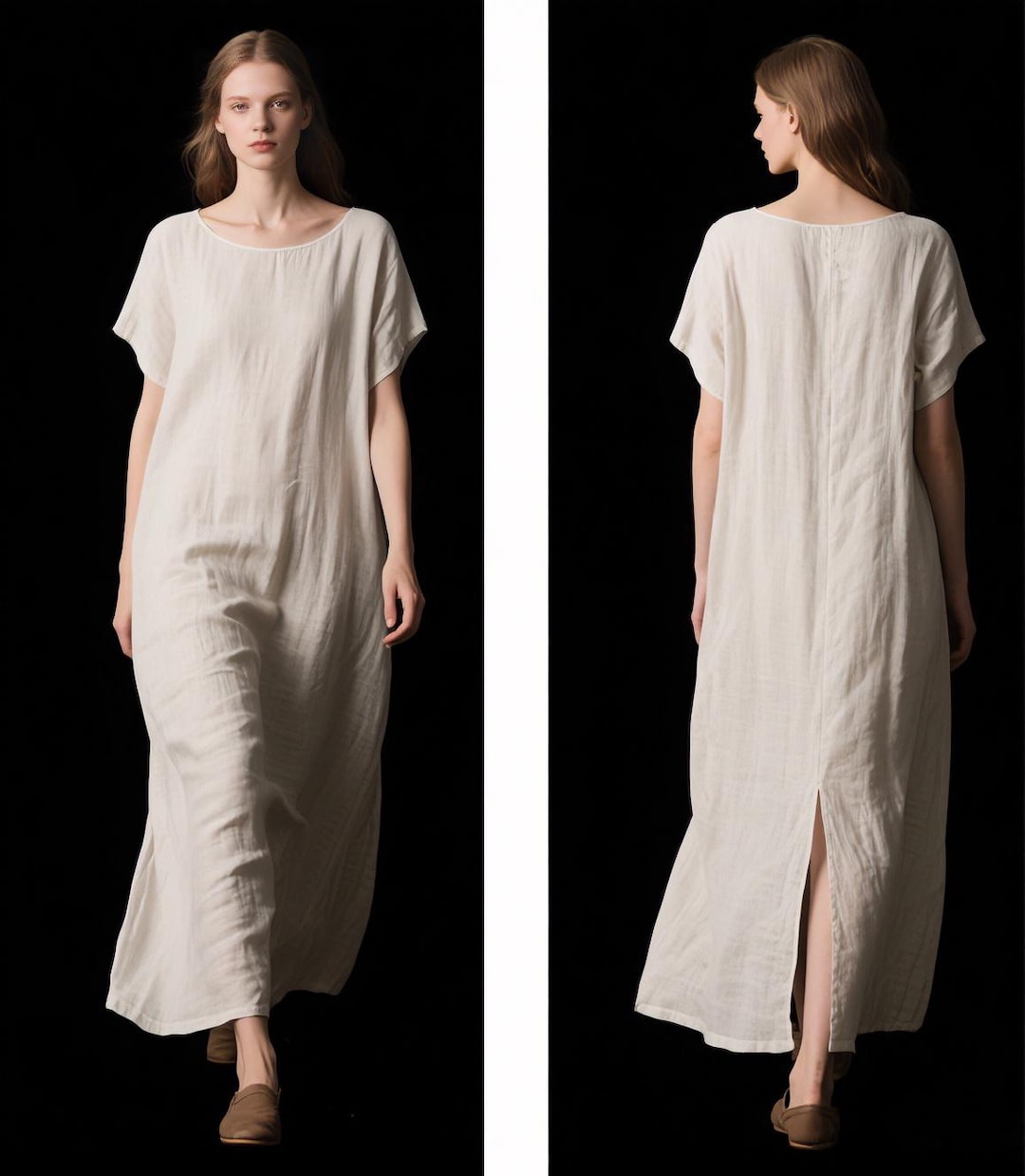Women's Linen Dress Linen Maxi Dress With Back Slit Loose Casual Dress ...