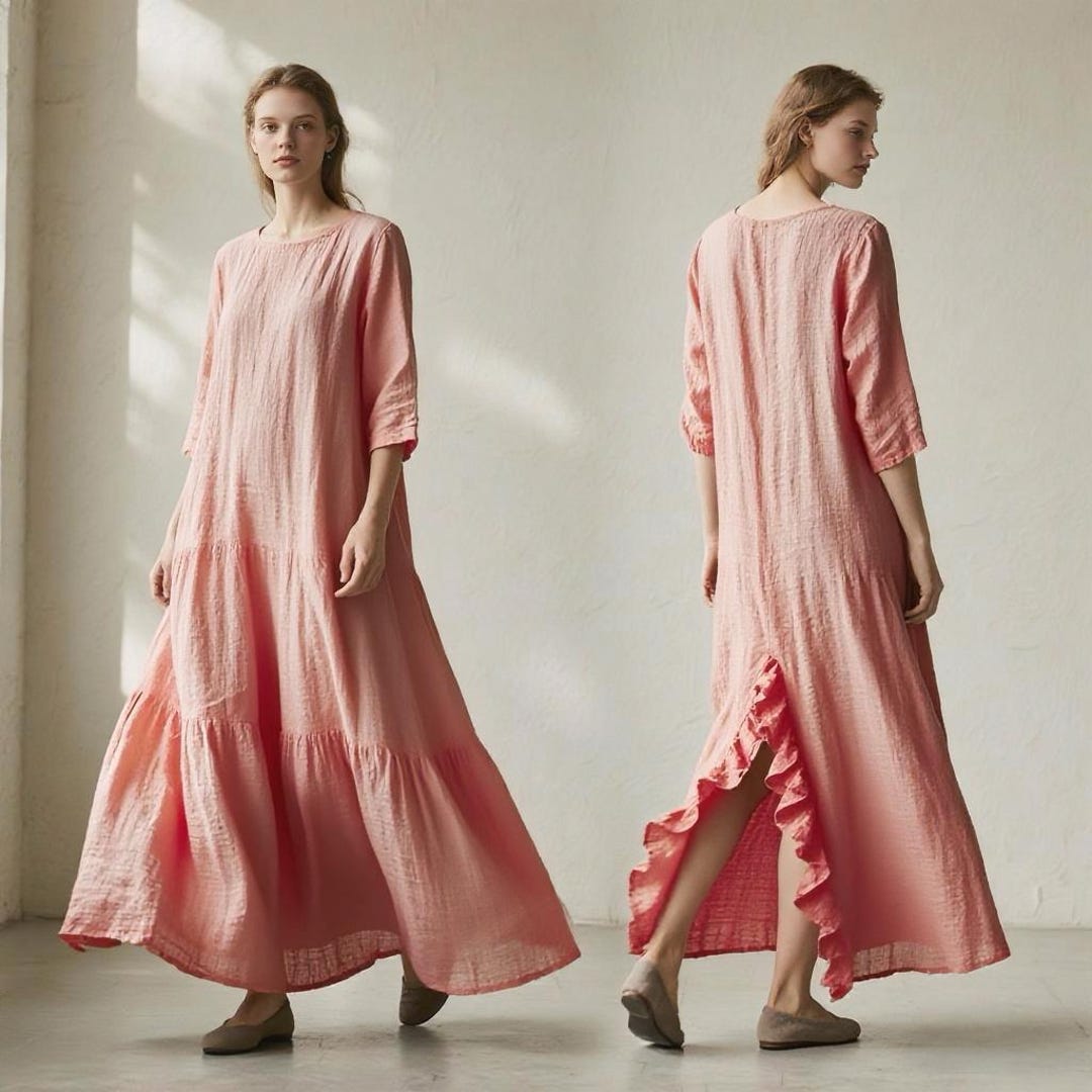 Linen Maxi Dress Women, Tiered Linen Dress, Loose Long Dress, Boho ...