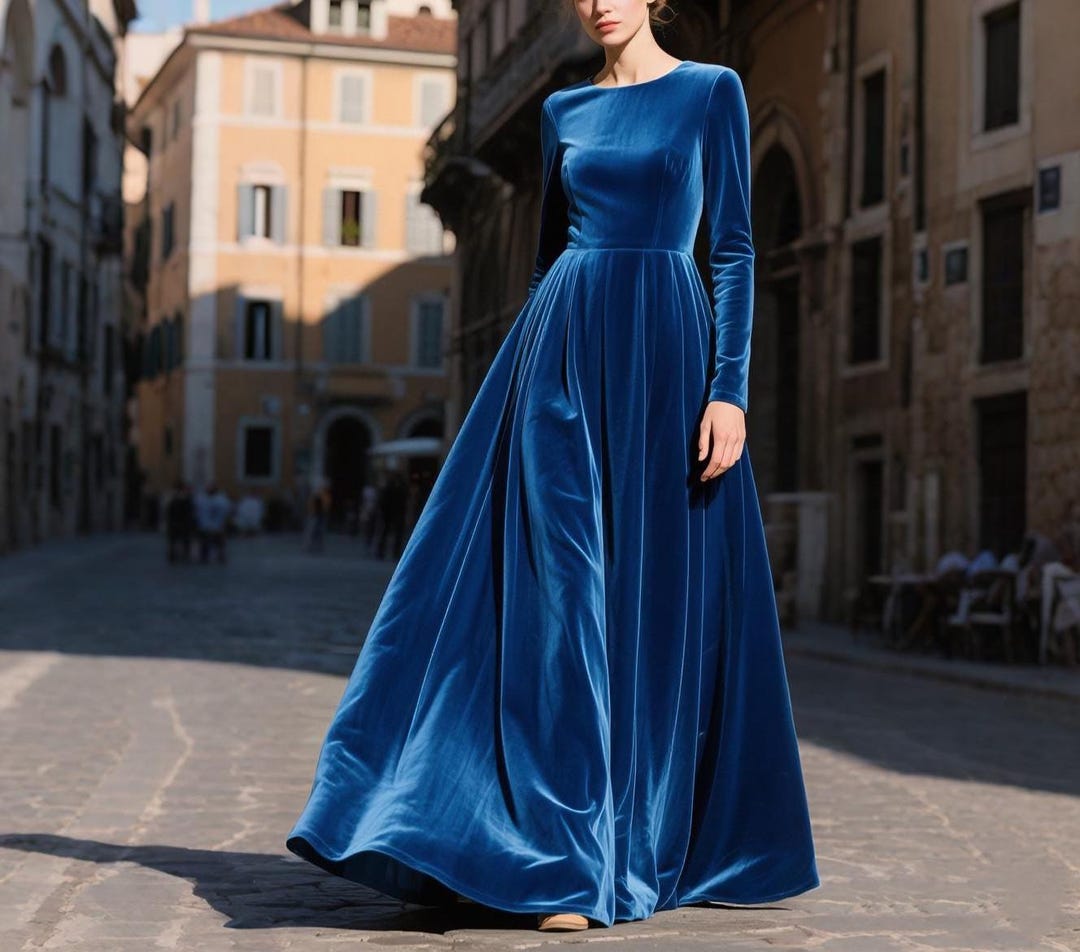 Royal Blue Velvet Maxi Dress Women Long Sleeve Floor Length Gown Custom ...