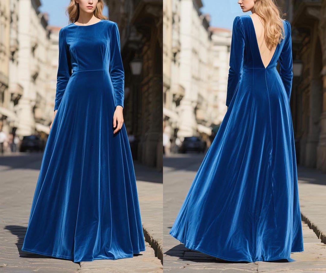 Royal Blue Velvet Maxi Dress for Women Long Sleeve Floor Length Gown ...