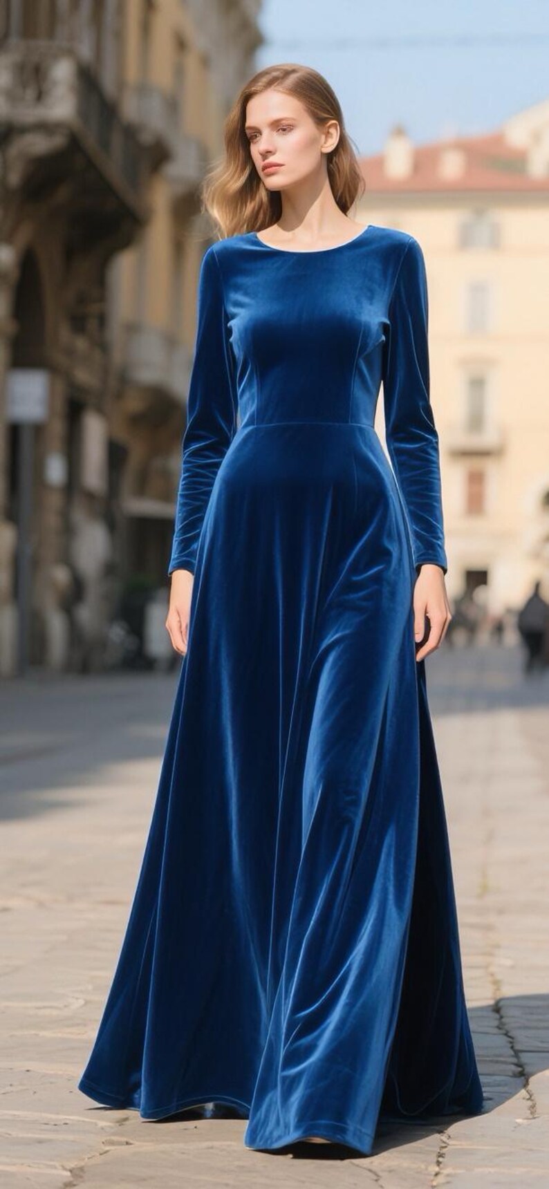 Royal Blue Velvet Maxi Dress Women Long Sleeve Floor Length Evening ...