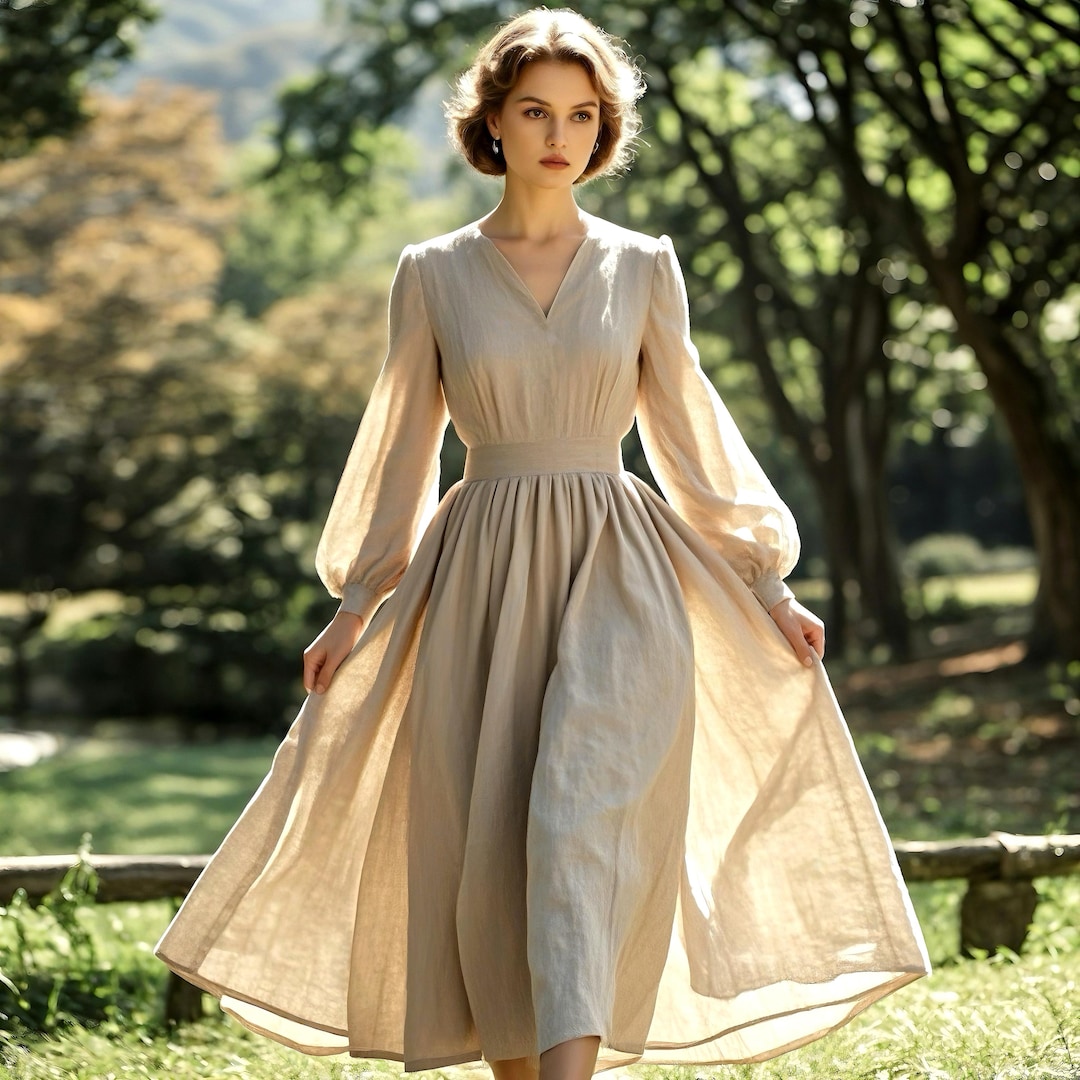 Elegant Linen Maxi Dress With Puff Sleeves V-neck A-line Cottagecore ...