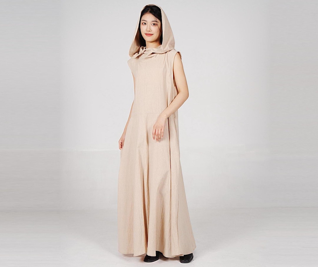 Hooded Linen Maxi Dress, Sleeveless Medieval-inspired Dress, Ethereal ...