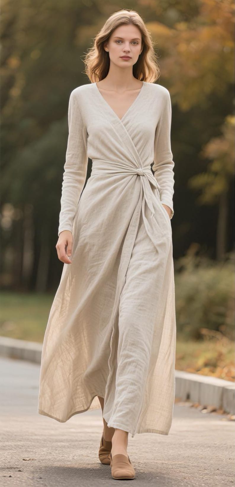 Linen Wrap Dress With Pockets and Belt Spring Fall Dress Long Sleeve ...