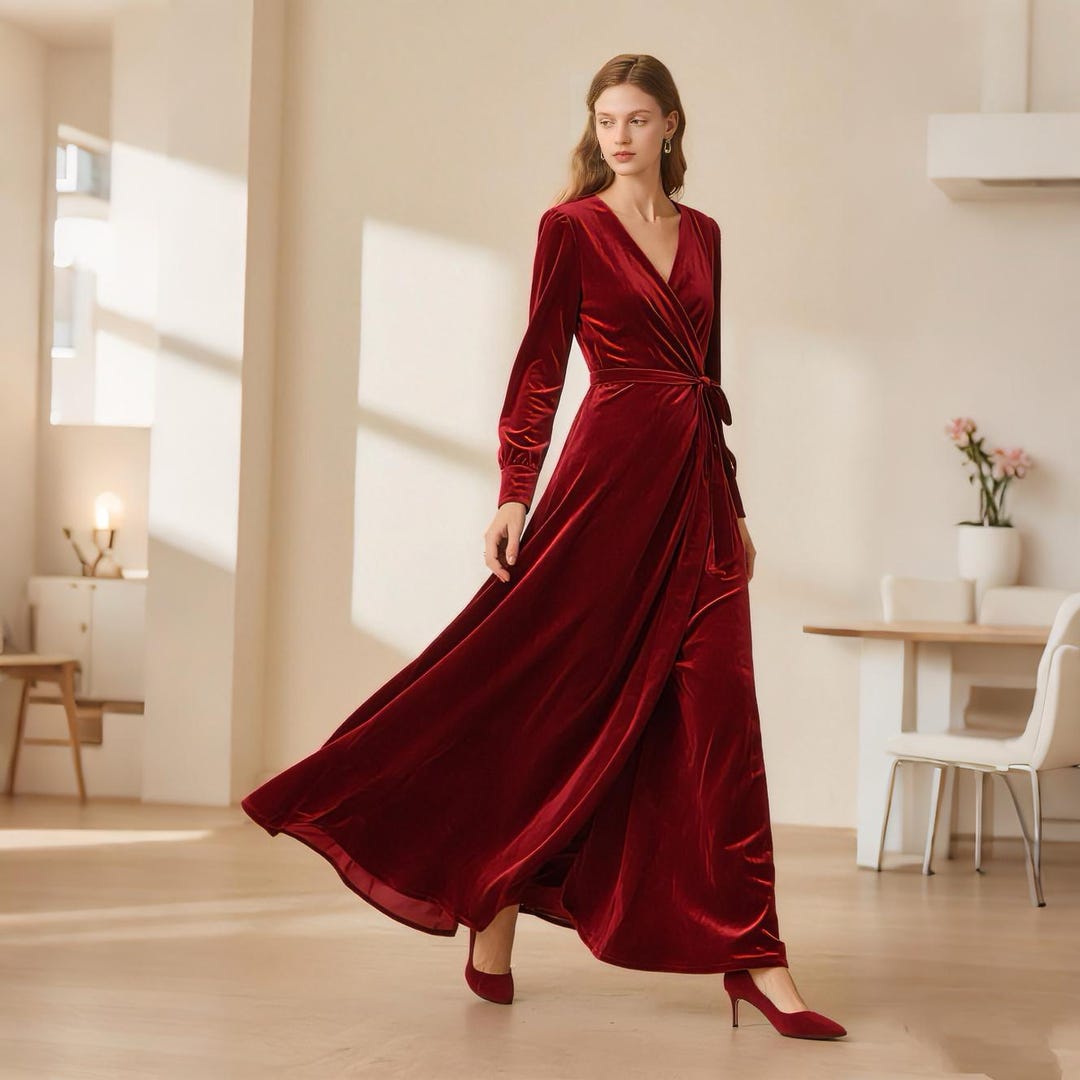 Velvet Wrap Maxi Dress Long Sleeve Floor Length Evening Gown Women ...