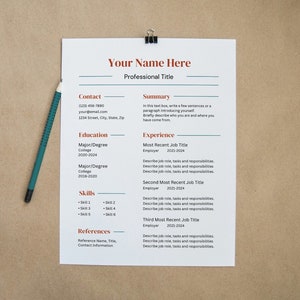 Professional Resume Template. Modern, Editable, Rust & Teal Colored ...