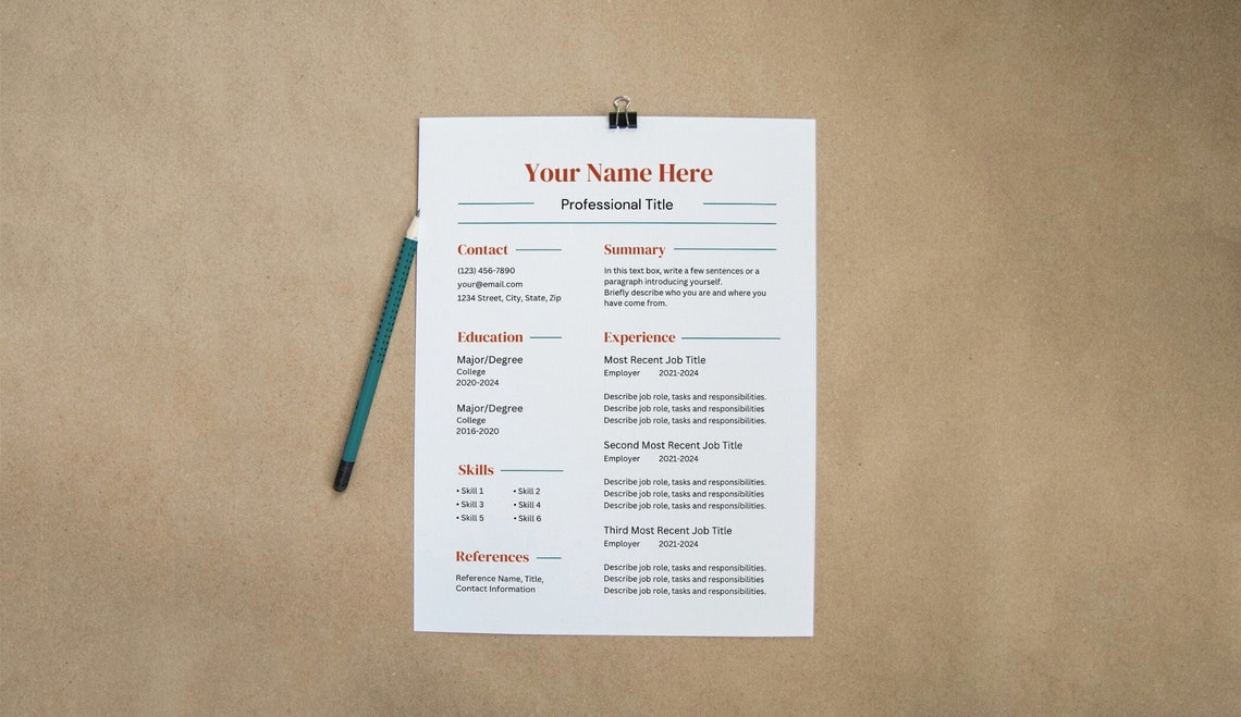 Professional Resume Template. Modern, Editable, Rust & Teal Colored ...