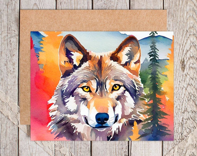 Watercolor Wolf Card, Mountain Wolf Card, Wildlife Art, Wolf Birthday ...