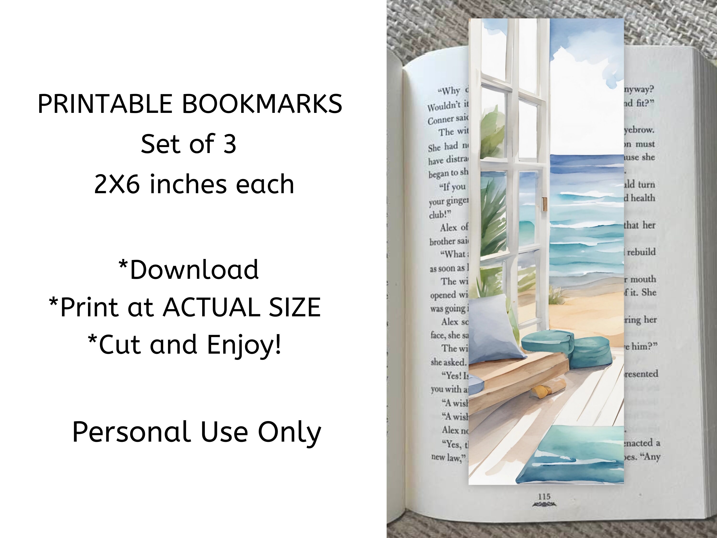 Printable Watercolor Peaceful Beach Retreat Bookmark Set - Serene Ocean ...