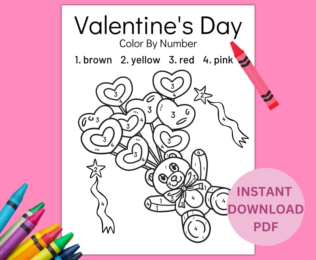 Valentine's Day Color by Number Teddy Bear Hearts and Stars Coloring ...