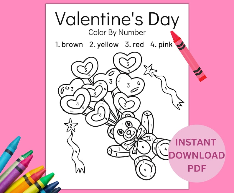 Valentine's Day Color by Number Teddy Bear Hearts and Stars Coloring ...