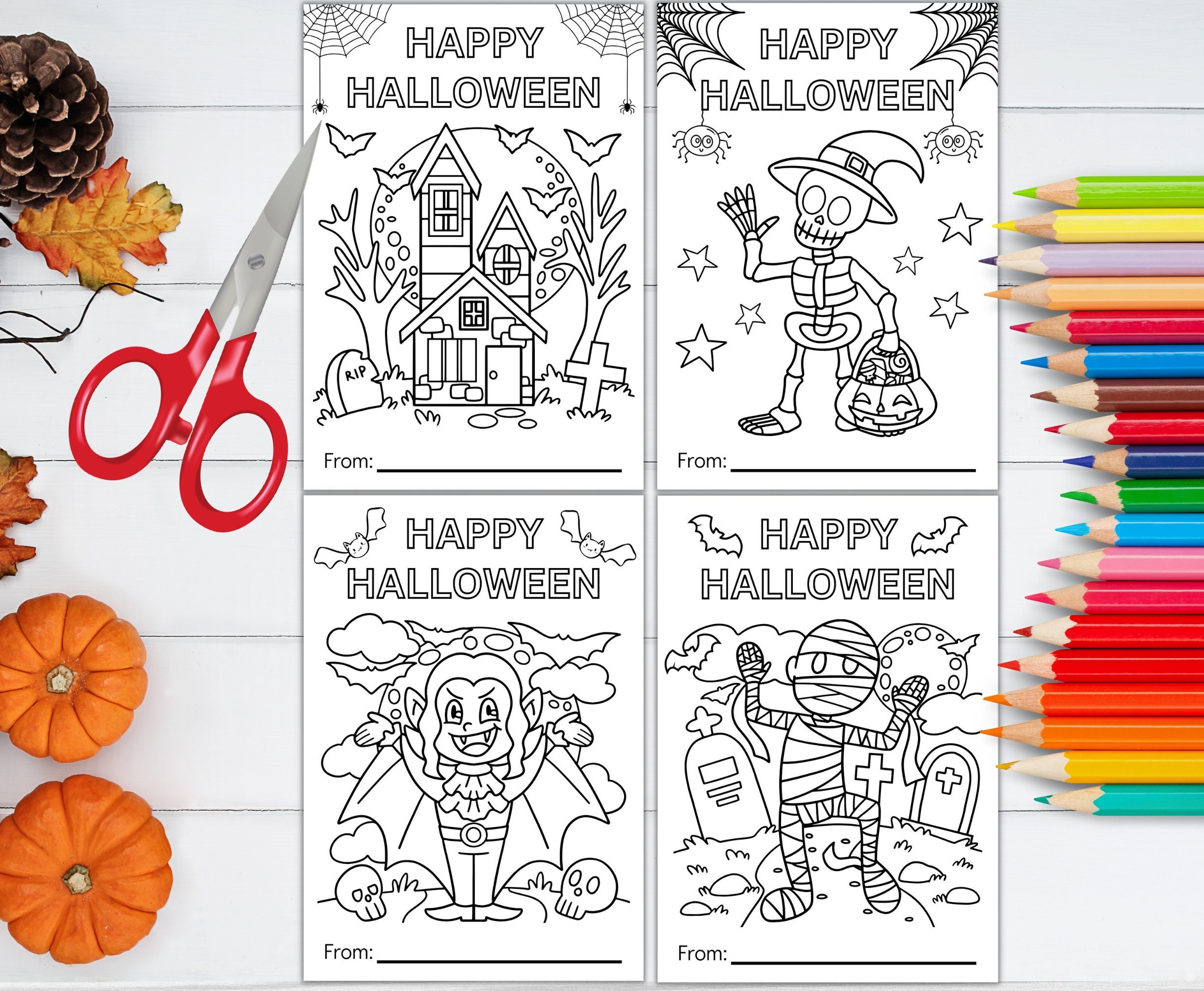 Kids Halloween Coloring Cards, Printable Happy Halloween Cards ...