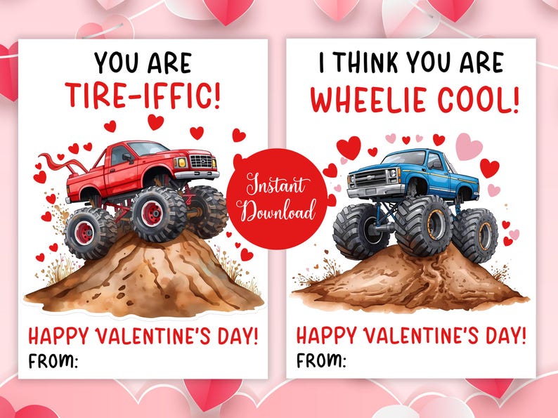 Monster Truck Valentine Cards for Kids. Printable Classroom Valentines ...