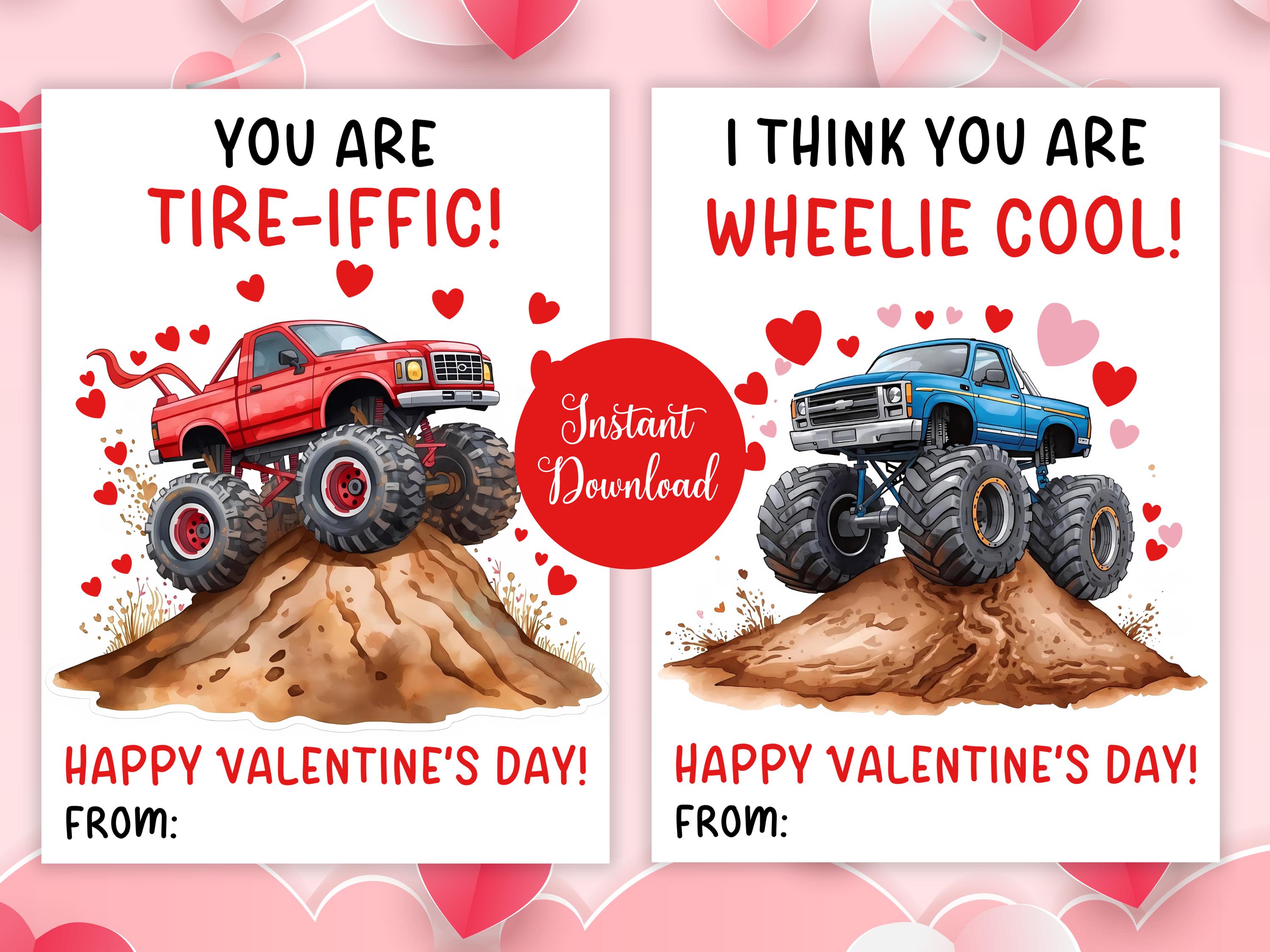 Monster Truck Valentine Cards for Kids. Printable Classroom Valentines ...