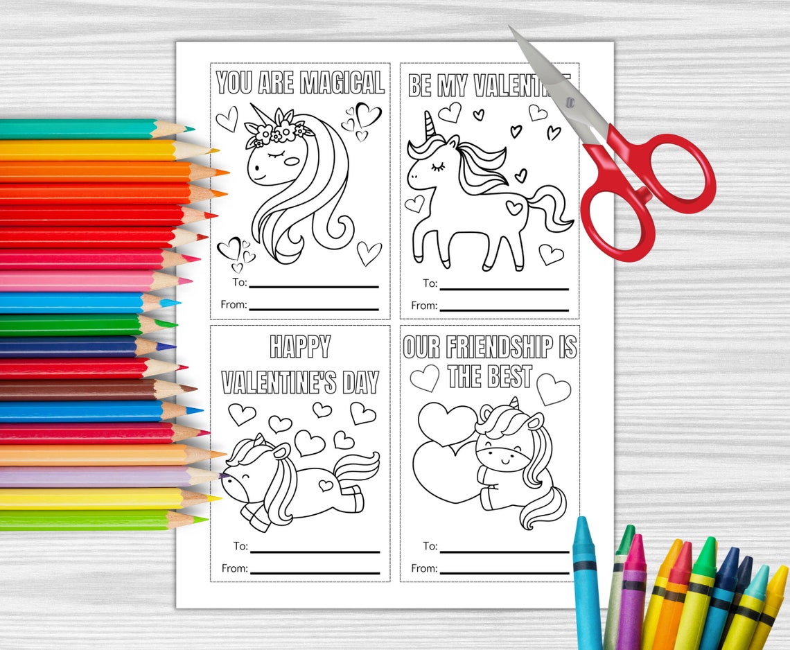 Unicorn Coloring Valentine's Day Cards, Printable Valentine's Day Cards ...
