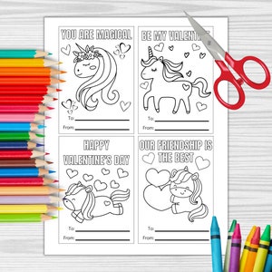 Unicorn Coloring Valentine's Day Cards, Printable Valentine's Day Cards ...