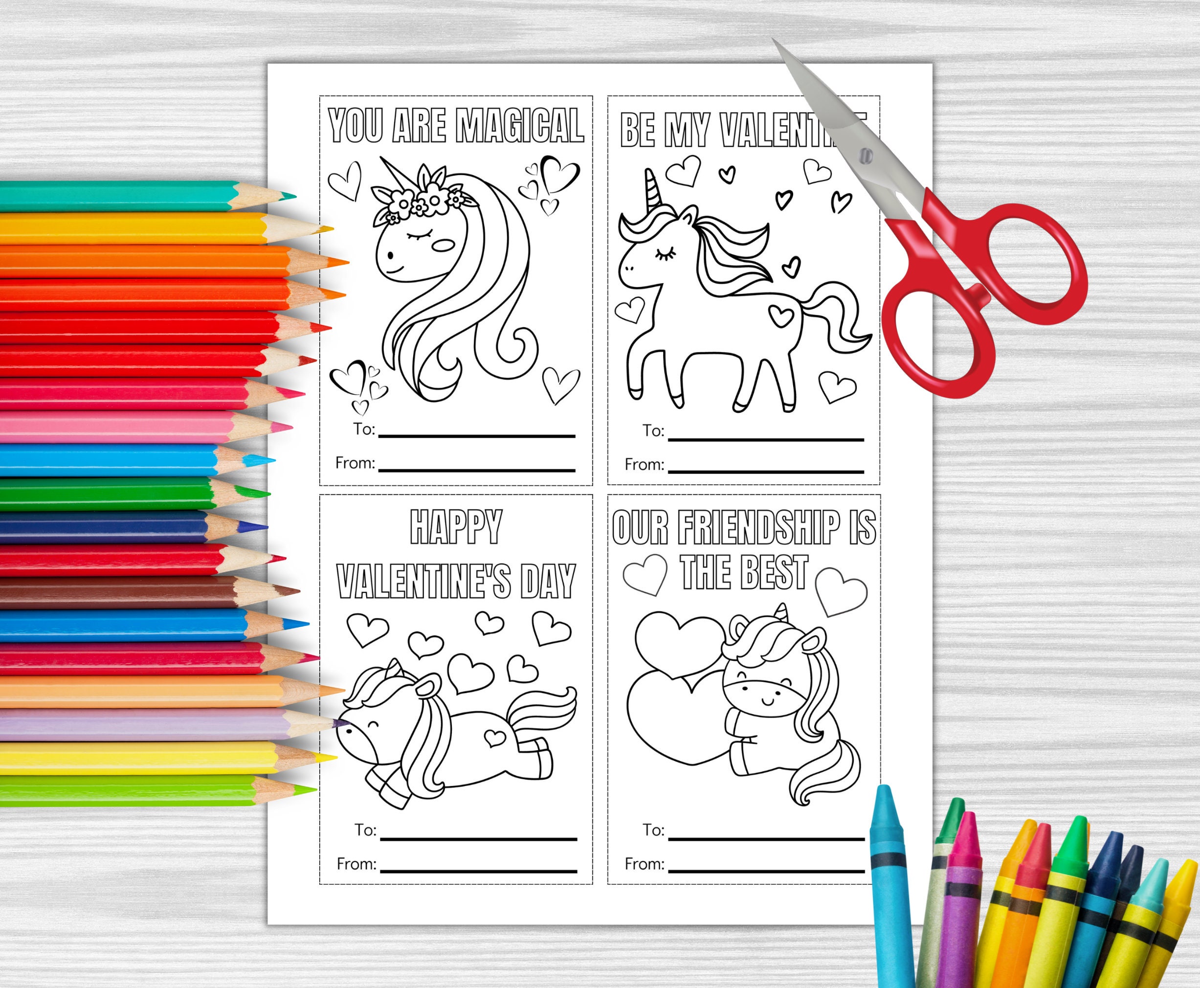 Unicorn Coloring Valentine's Day Cards, Printable Valentine's Day Cards ...