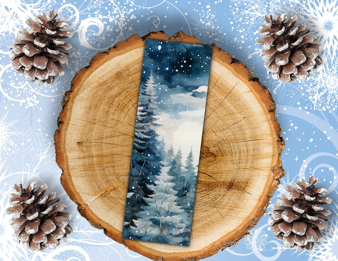 Snowy Forest Bookmark Set of 4, Watercolor Winter Bookmarks, Pine Tree ...