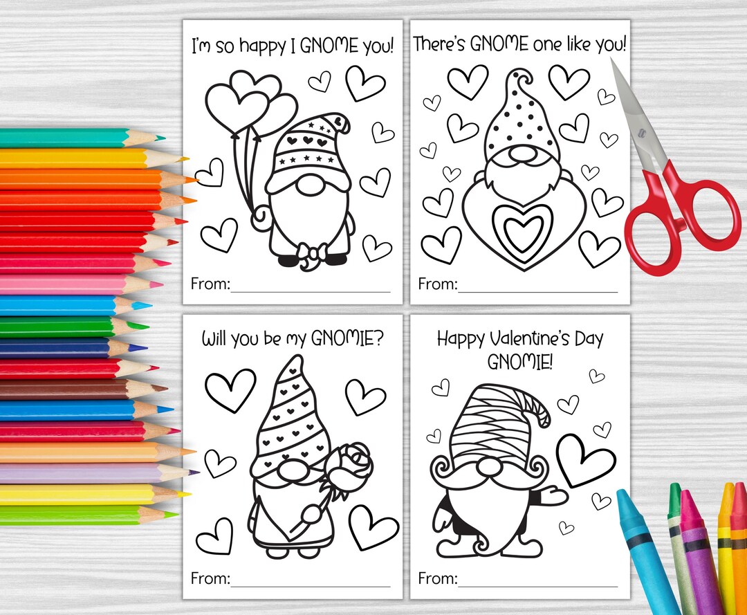 Gnome Coloring Valentine's Day Cards, Printable Valentine's Day Cards ...