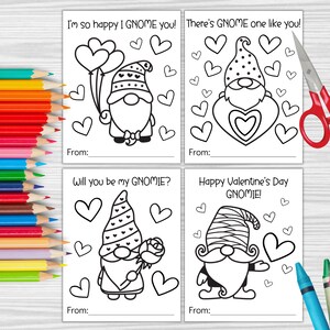 Gnome Coloring Valentine's Day Cards, Printable Valentine's Day Cards ...