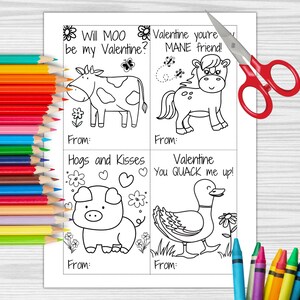 Farm Animal Coloring Valentine's Day Cards, Printable Valentine's Day ...