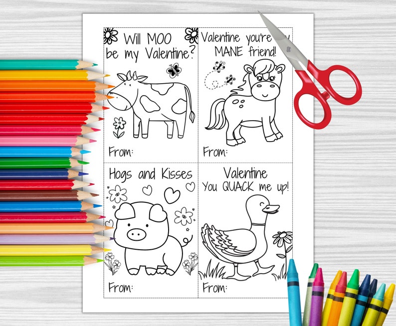 Farm Animal Coloring Valentine's Day Cards, Printable Valentine's Day ...