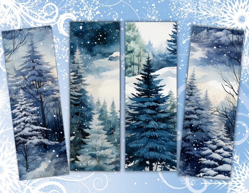 Snowy Forest Bookmark Set of 4, Watercolor Winter Bookmarks, Pine Tree ...