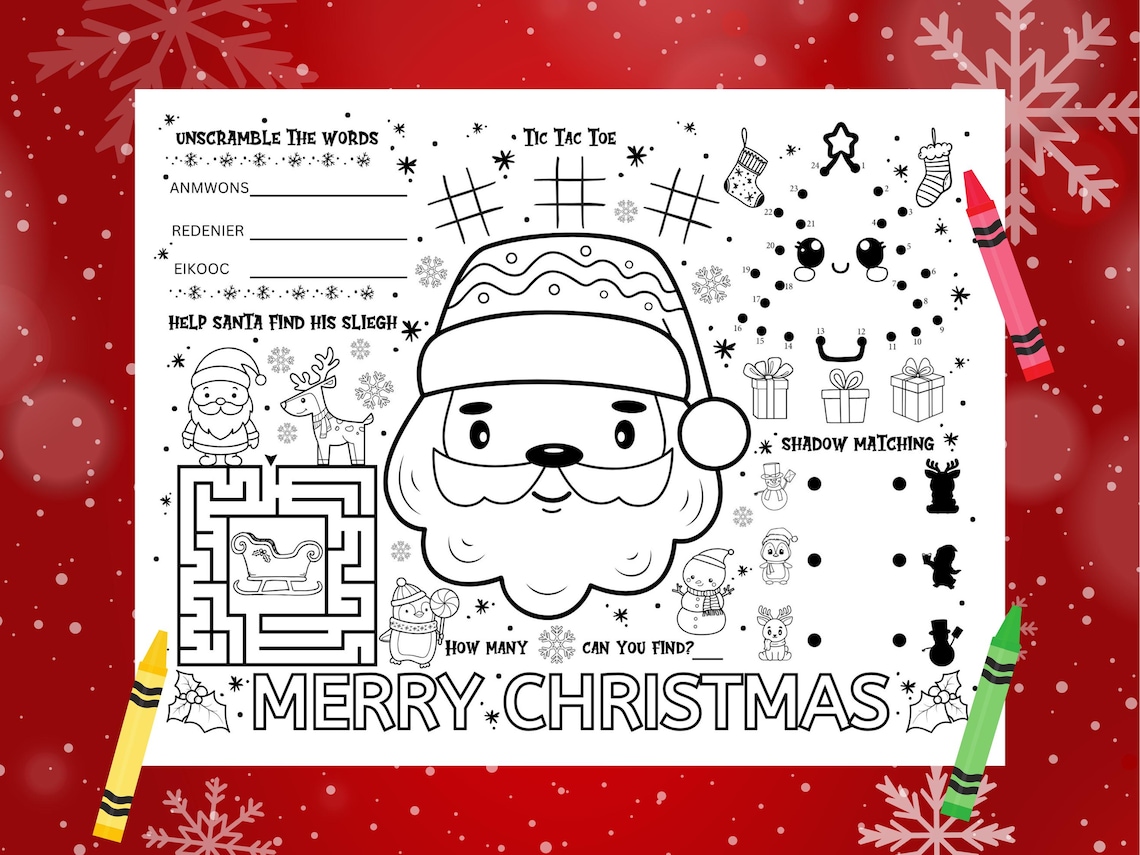 Christmas Activity Placemat, Christmas Coloring Placemat, Christmas ...