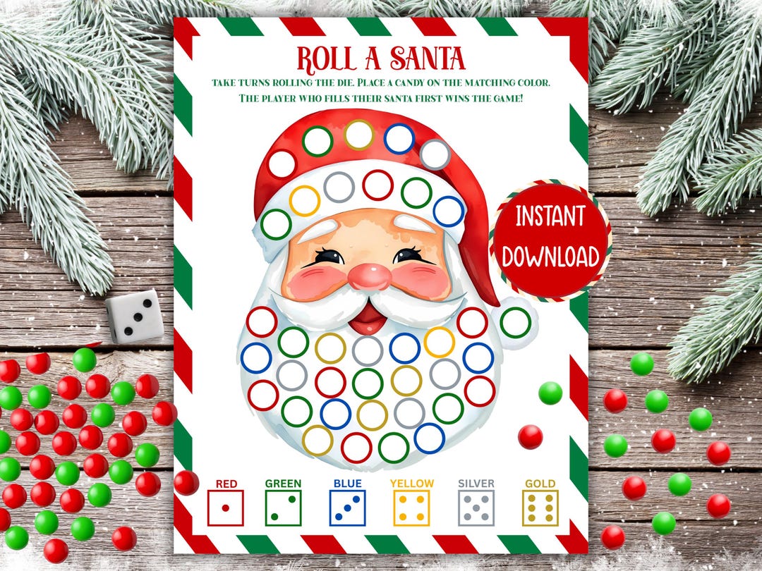 Roll a Santa Christmas Game Printable for Kids, Christmas Party Game ...